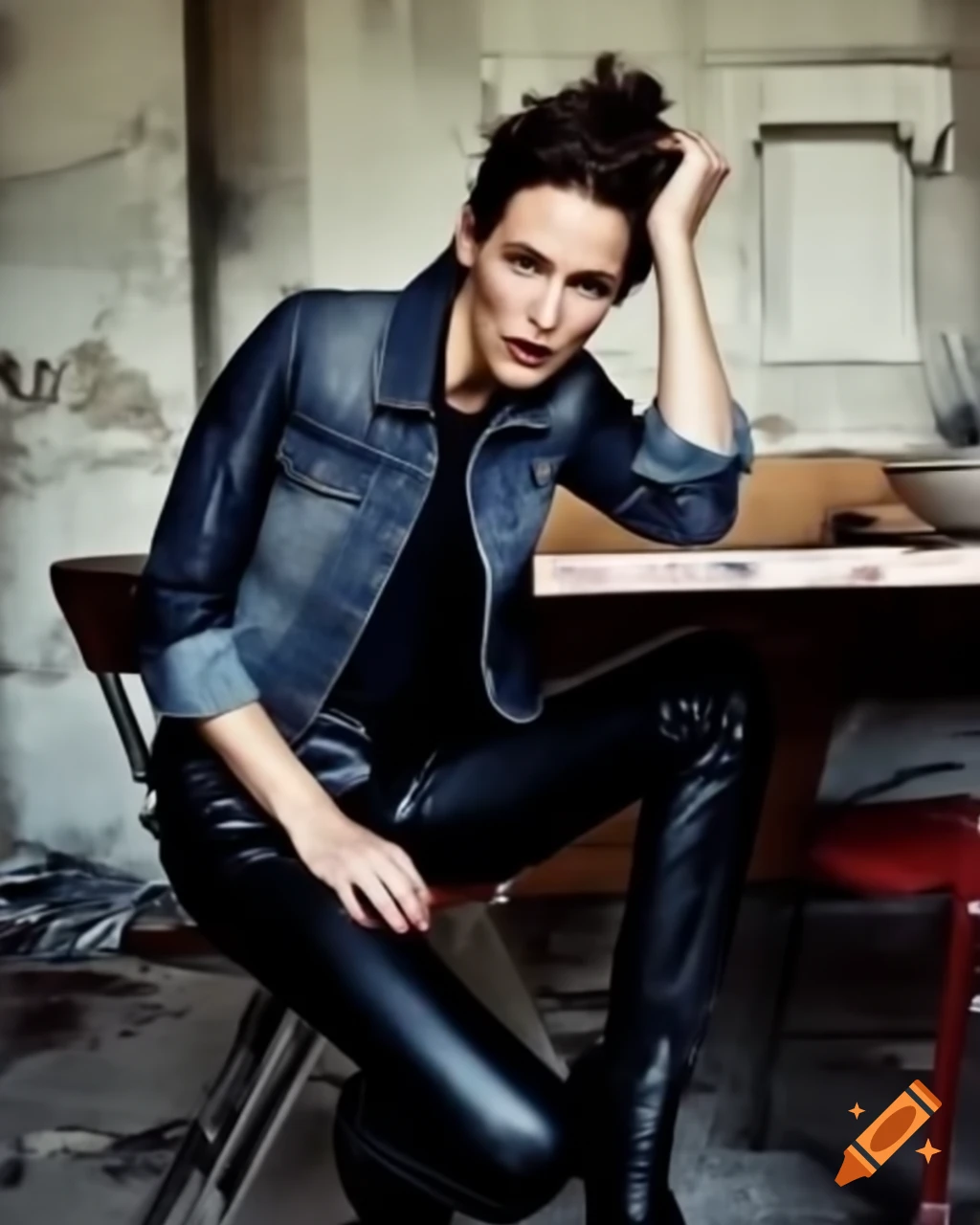 Punk-style portrait of actress Jennifer Garner in sleeveless denim ...