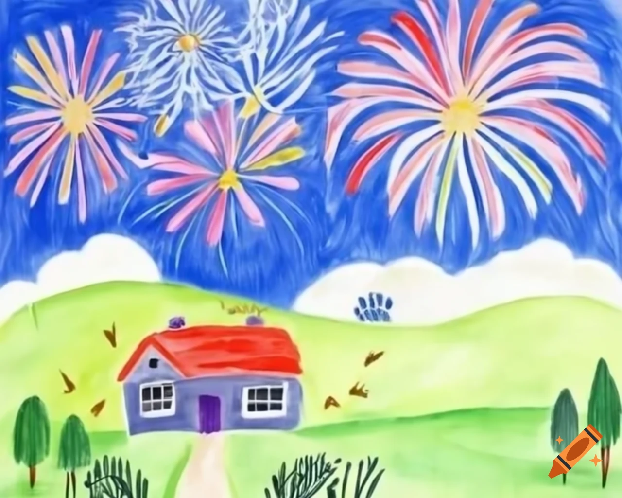 Crayon drawing of countryside house with colorful fireworks at night on ...