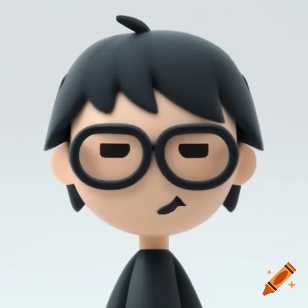Mii character with white skin, messy black hair, rectangular glasses ...