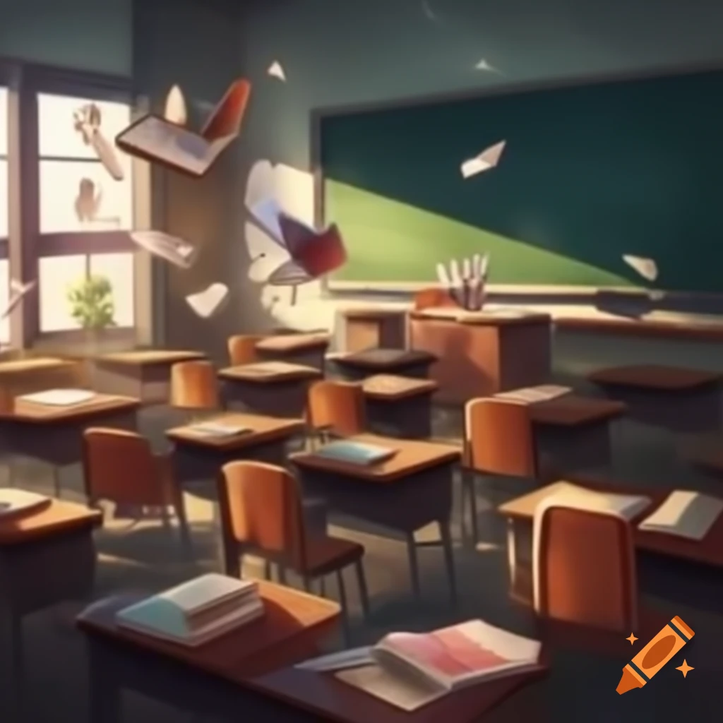 Magical classroom with flying books and exploding teacher desk, labeled ...