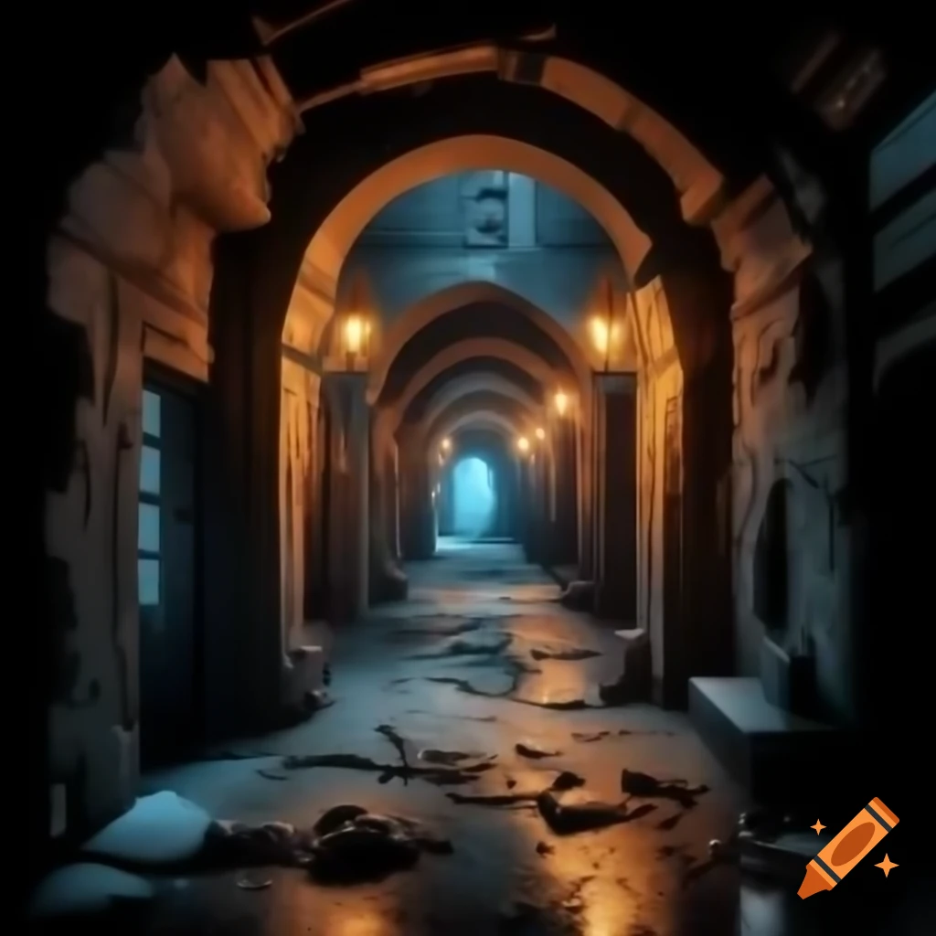 Dimly lit dungeon passage with flickering torches and stone walls, dark ...