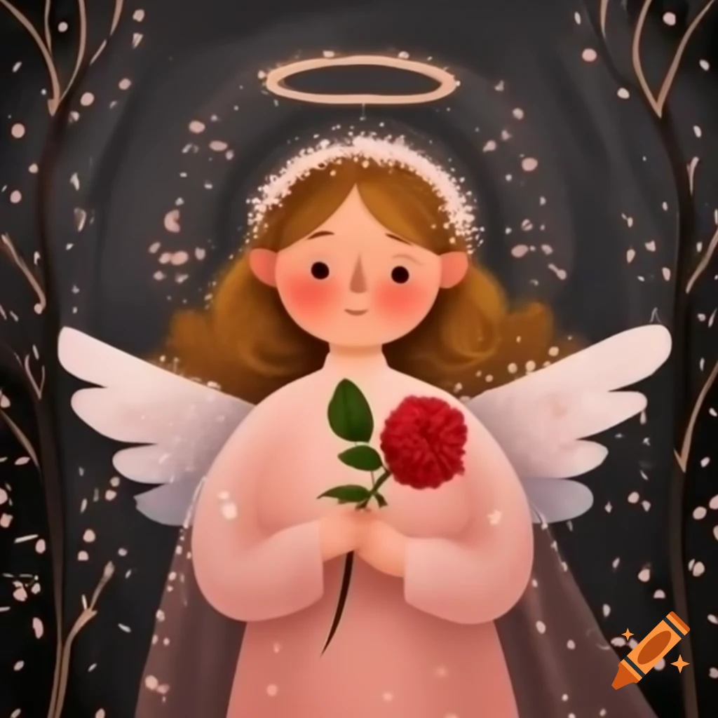 Angel holding rose in rose gold winter scene with happy new year text ...