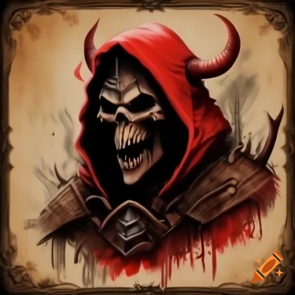 Red Horned reaper in detailed dark fantasy dungeon, vintage ink style ...