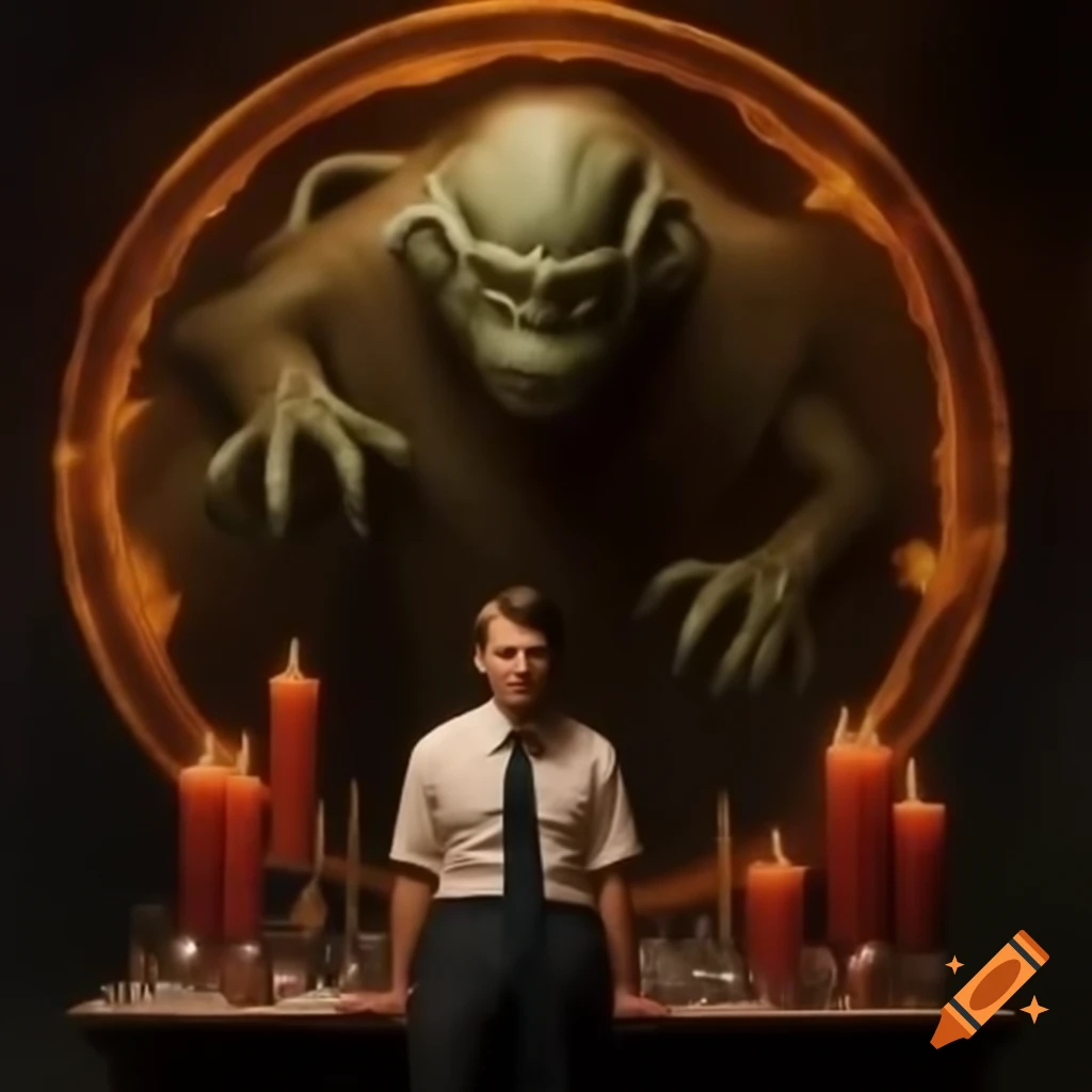 Man in 1970s suit with cloak controlling lovecraftian monster in ...