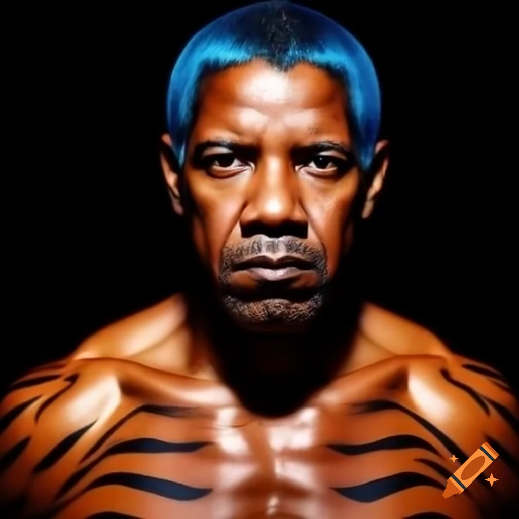 Muscular man with tiger-style makeup, blue hair and orange skin with ...