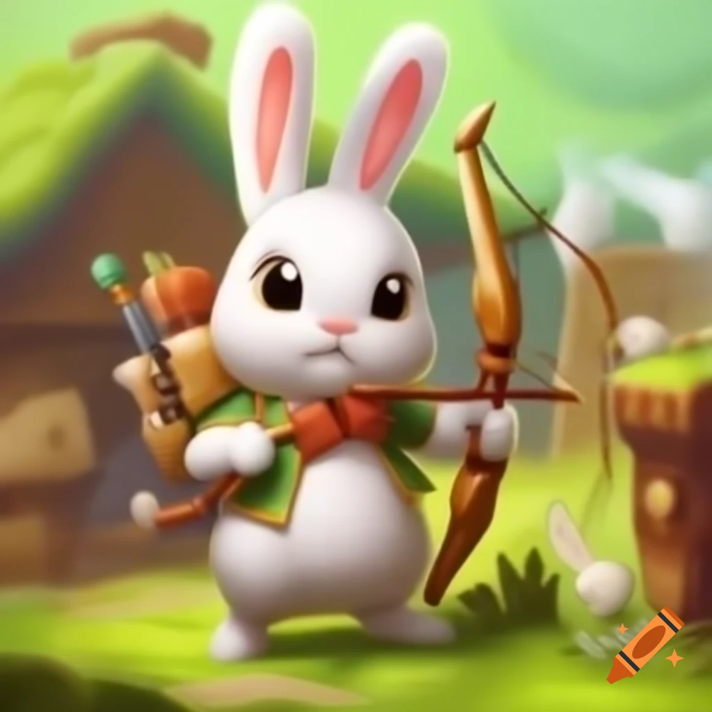 Animated cute bunny with bow and arrow aiming at farmer on Craiyon