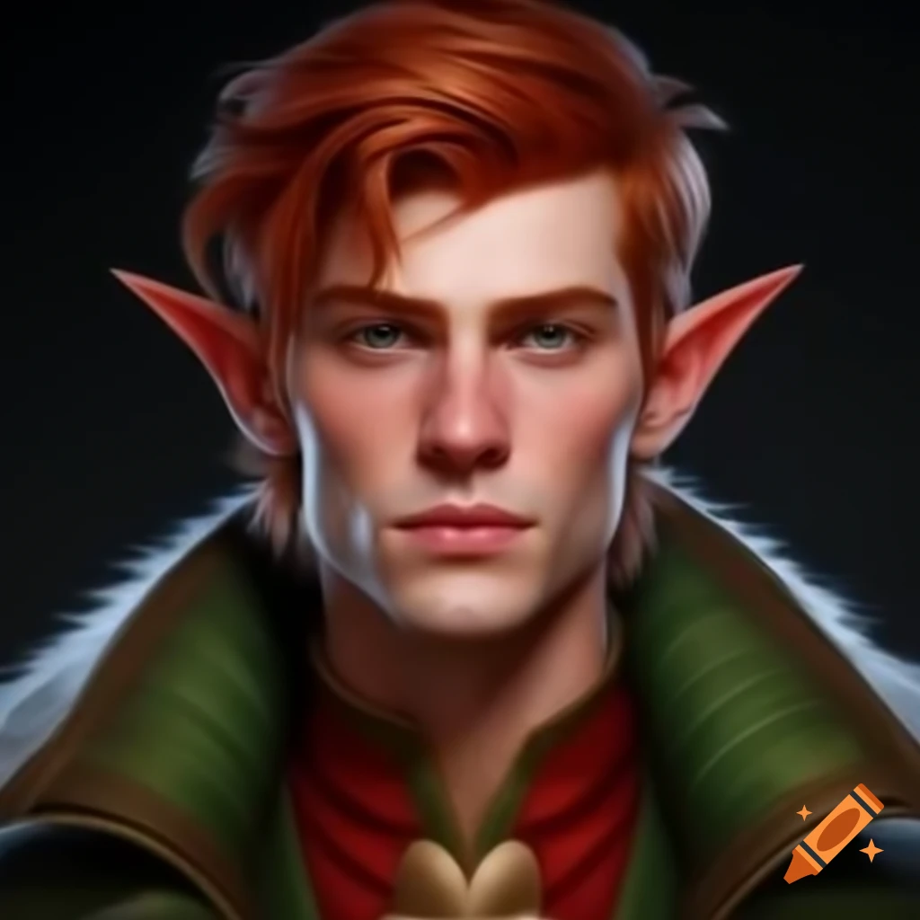 Realistic portrait of adult male elf in fancy clothing with short red ...