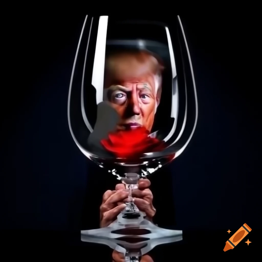Elon Musk holding framed portrait of Donald Trump inside brandy snifter ...