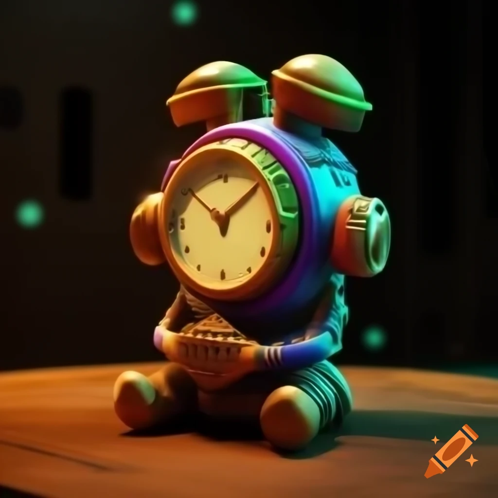Intricate anime-style clock on table with vibrant colors and lens ...