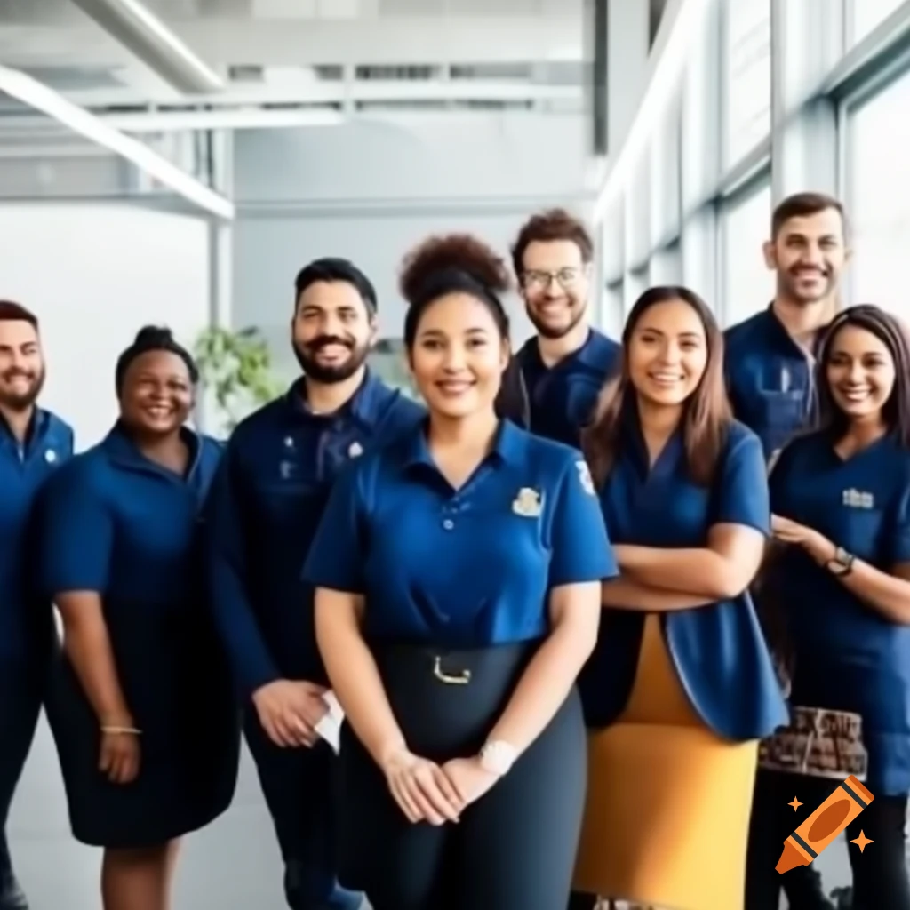 Diverse group of employees in stylish uniforms in modern office on Craiyon