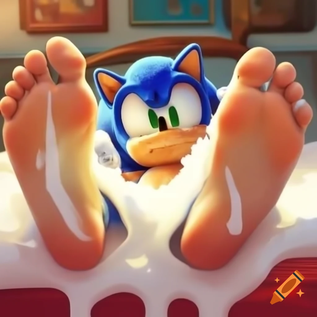 Close up of Sonic relaxing with feet in ice cream on Craiyon