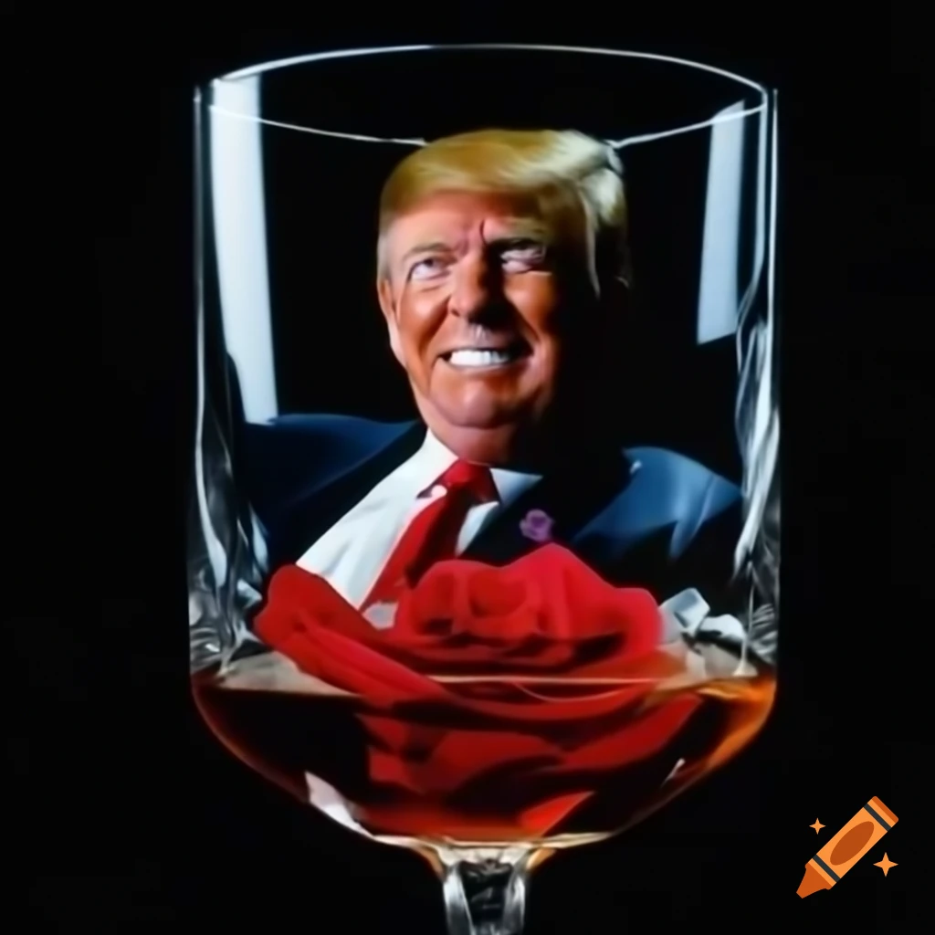 1970s portrait of Donald Trump in brandy snifter with red rose ...