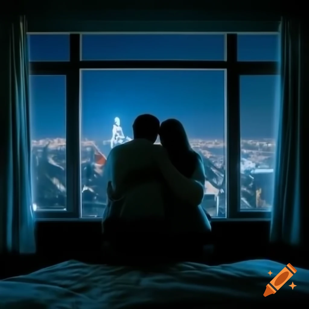 Couple embracing by large window overlooking city lights at night on ...