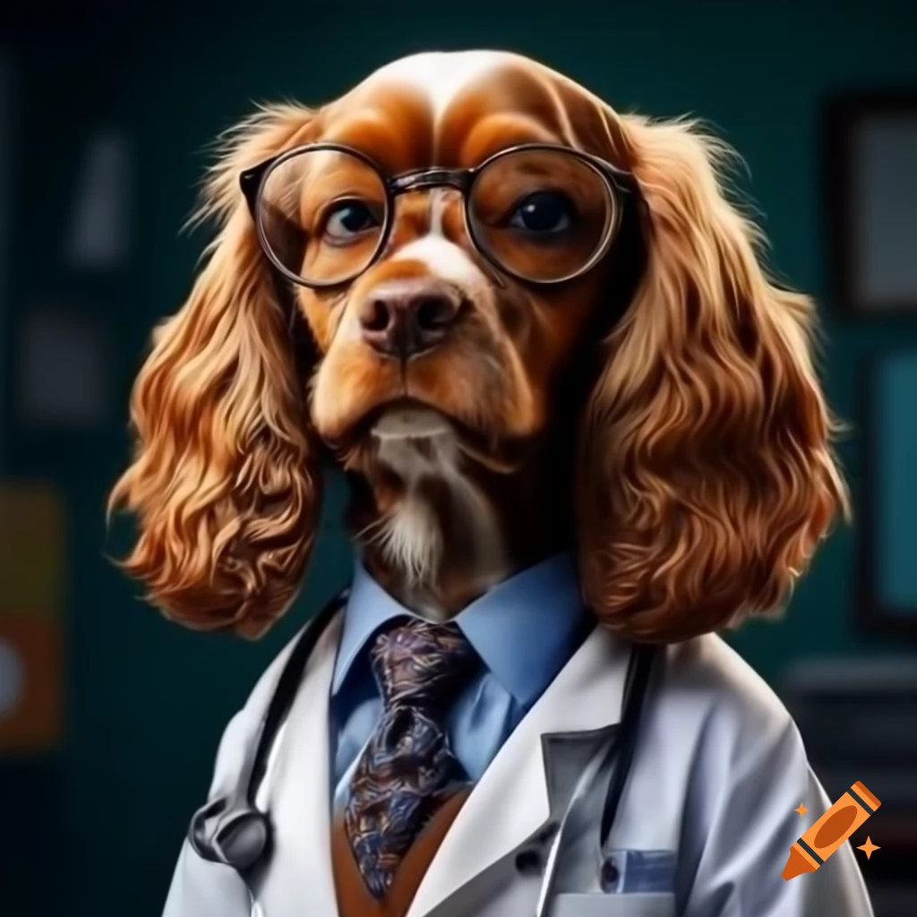 Cartoon brown cocker spaniel wearing glasses and doctor outfit on Craiyon