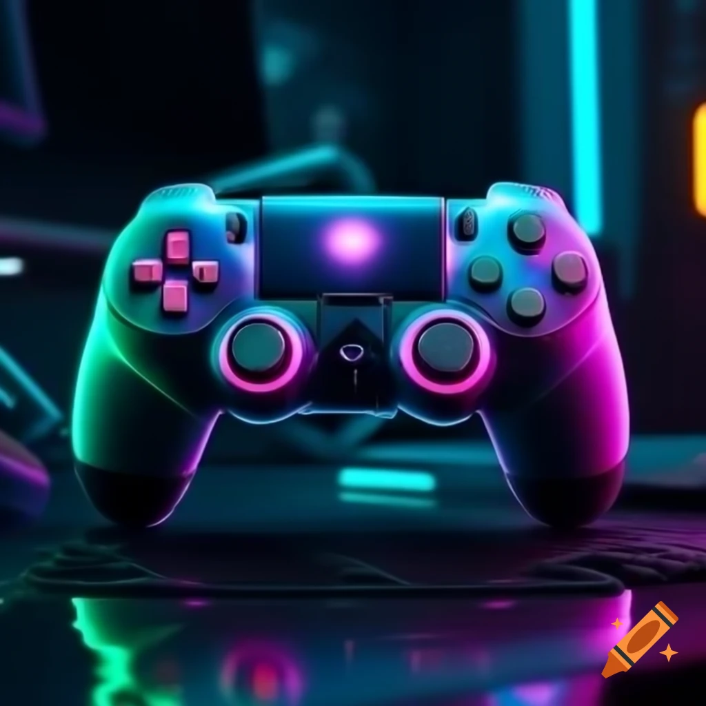 Futuristic gaming controller glowing with neon lights in cyberpunk ...