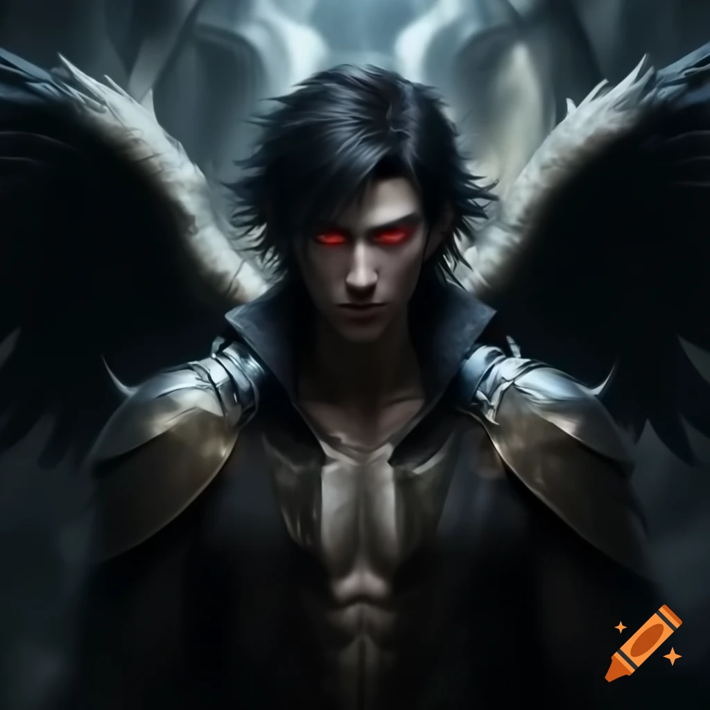 Lucifer character with black hair and wings, red eyes, cloaked in ...