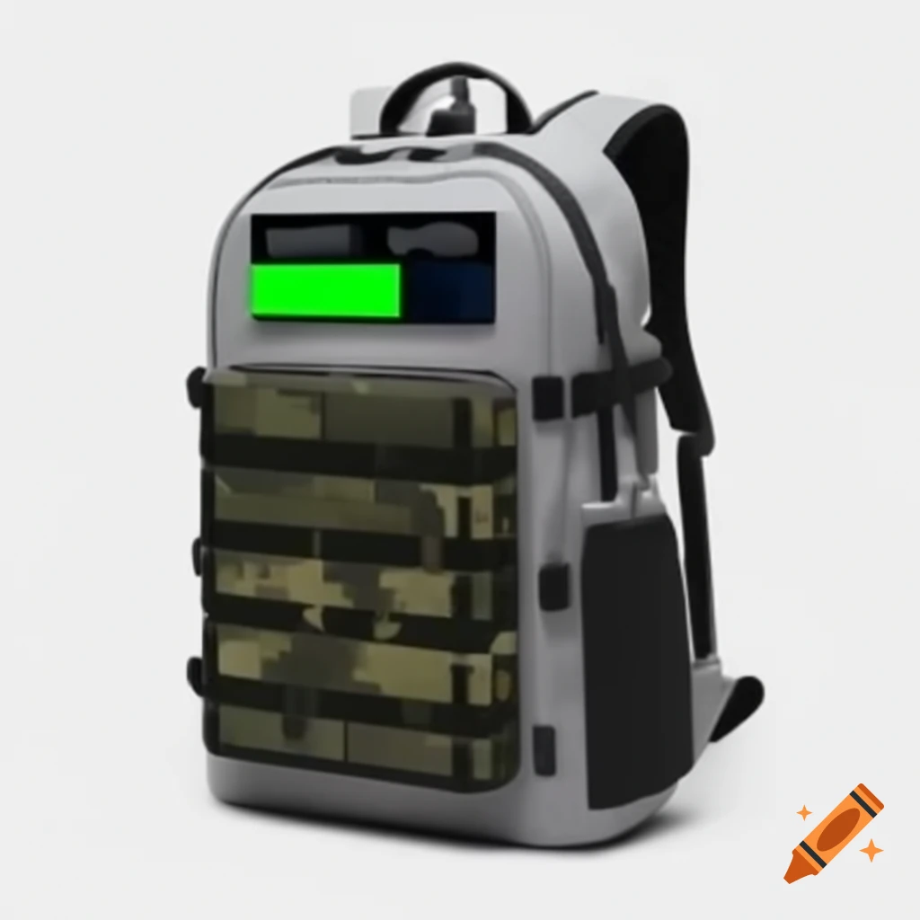 Futuristic grey tactical backpack with solar panel and green LCD screen ...