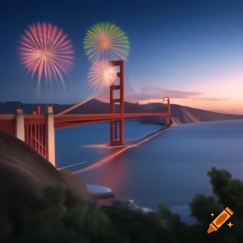 Majestic sunrise over ocean with vibrant fireworks and bridge ...