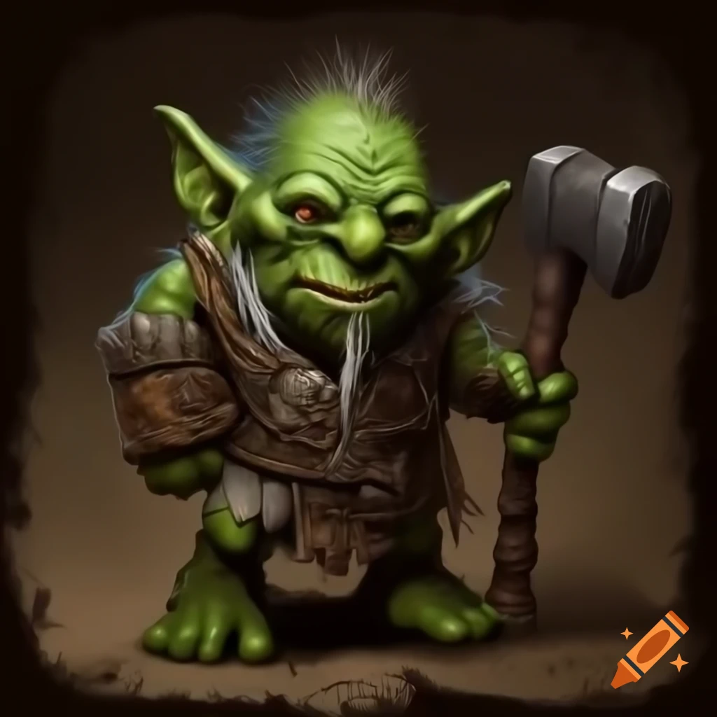 Green troll with hammer in dark fantasy dungeon, vintage ink drawing on ...