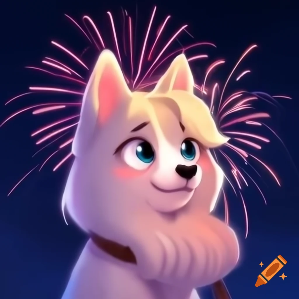 Blonde female husky looking at fireworks, cute furry art on Craiyon