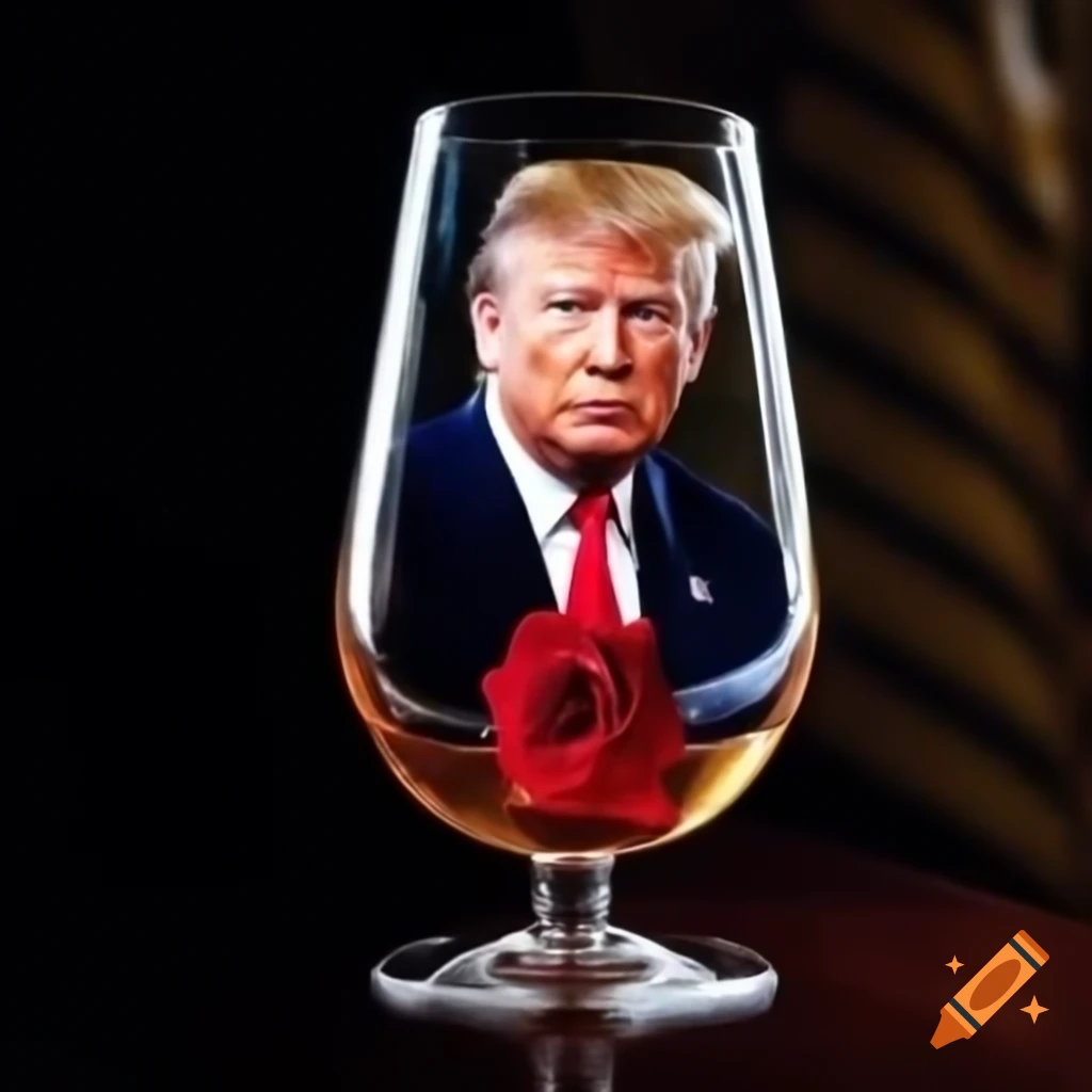 1970s portrait of Donald Trump in brandy snifter with red rose ...
