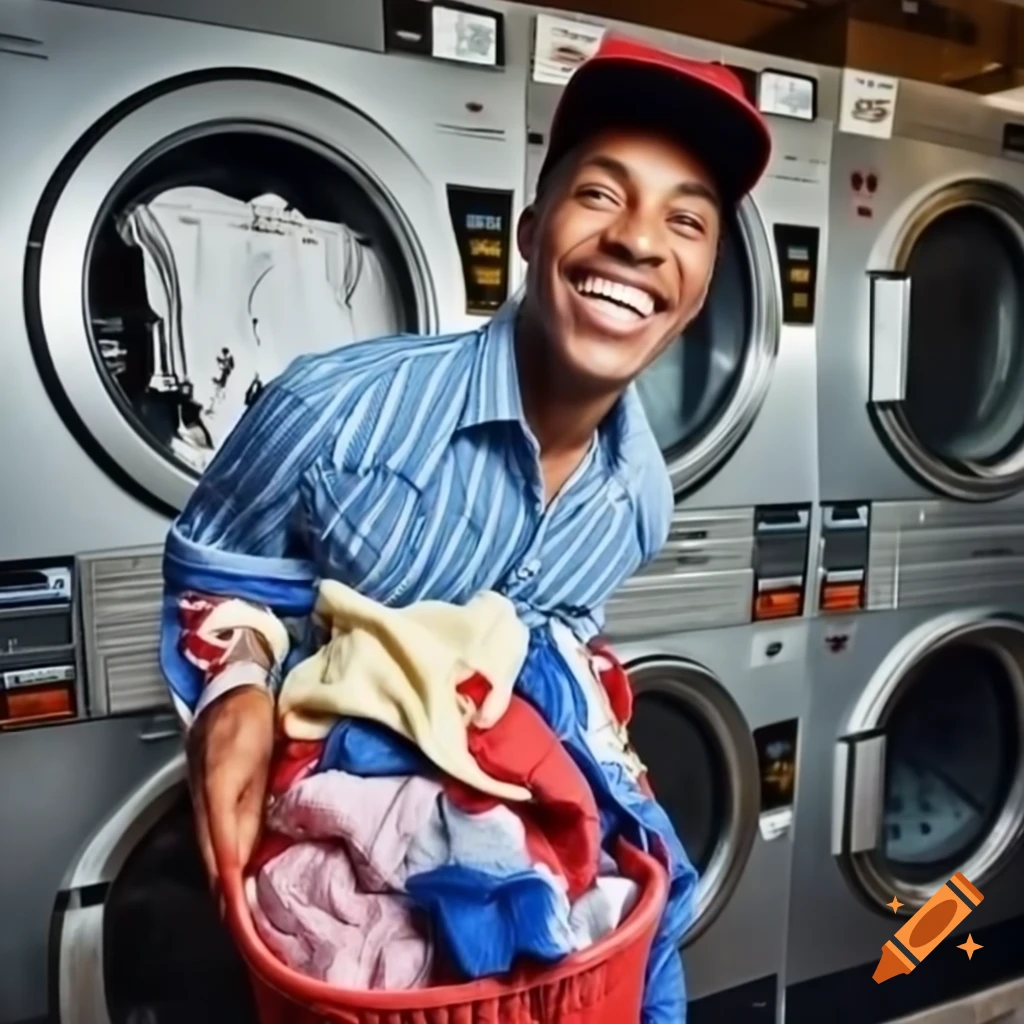 Cheerful laundry worker in 'tumbledry' shirt giving new year's ...