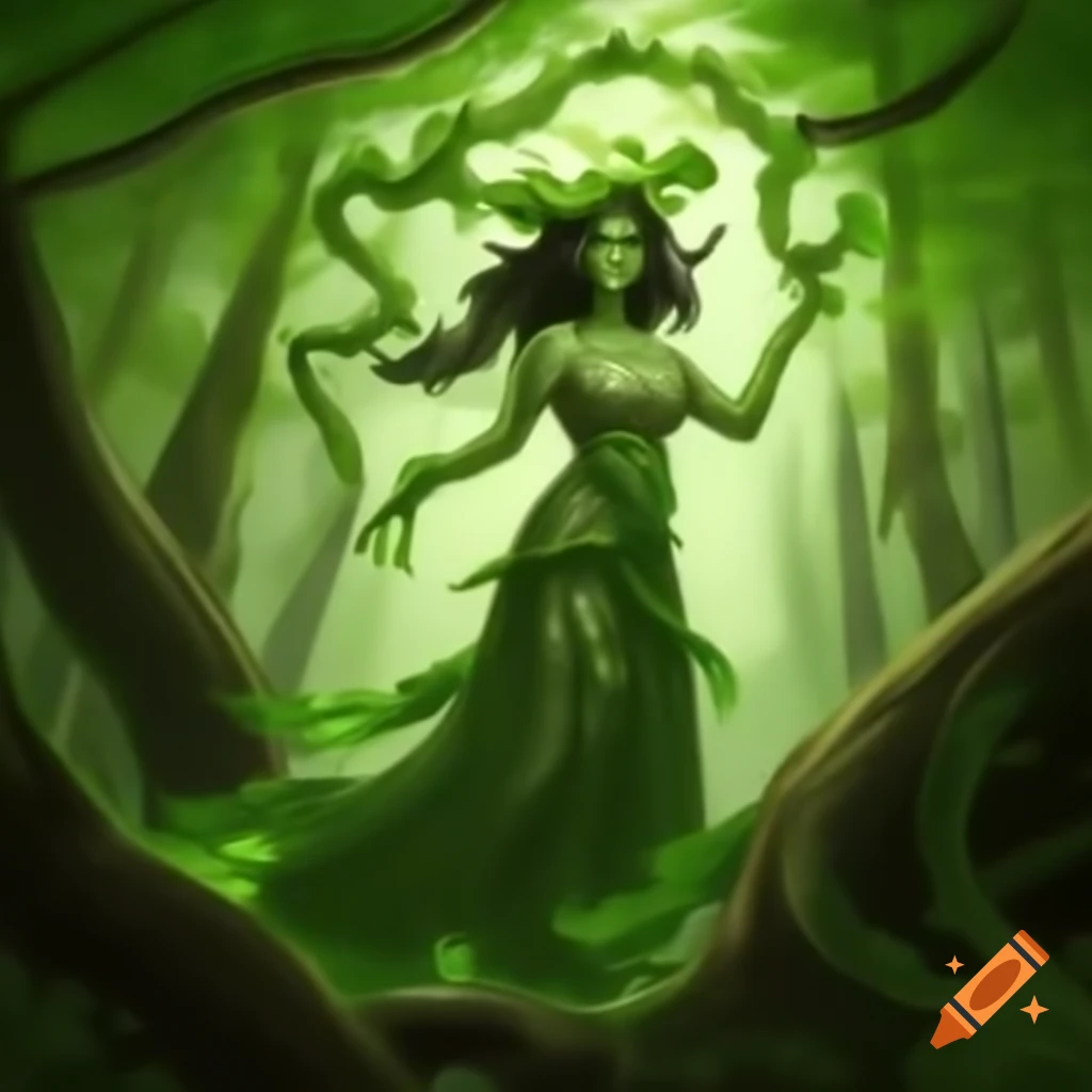 Mystical dryad emerging from ancient forest with vibrant green skin and ...