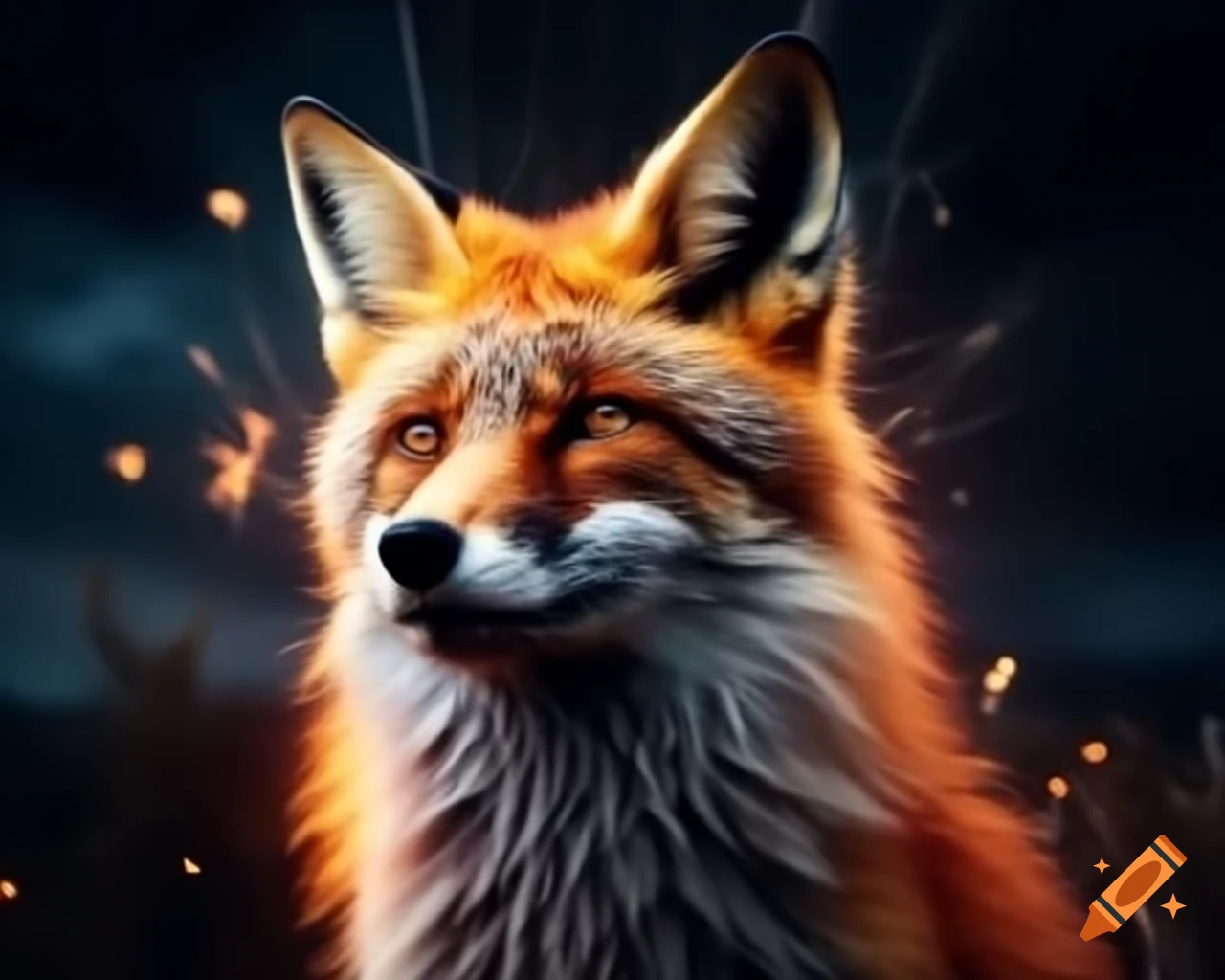 Majestic orange fox gazing at fireworks in night sky, detailed close-up ...