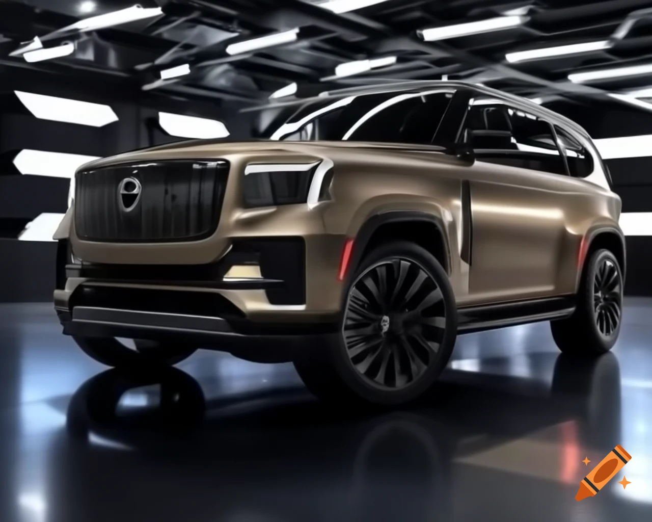 Luxury SUV in modern showroom with bold design on Craiyon