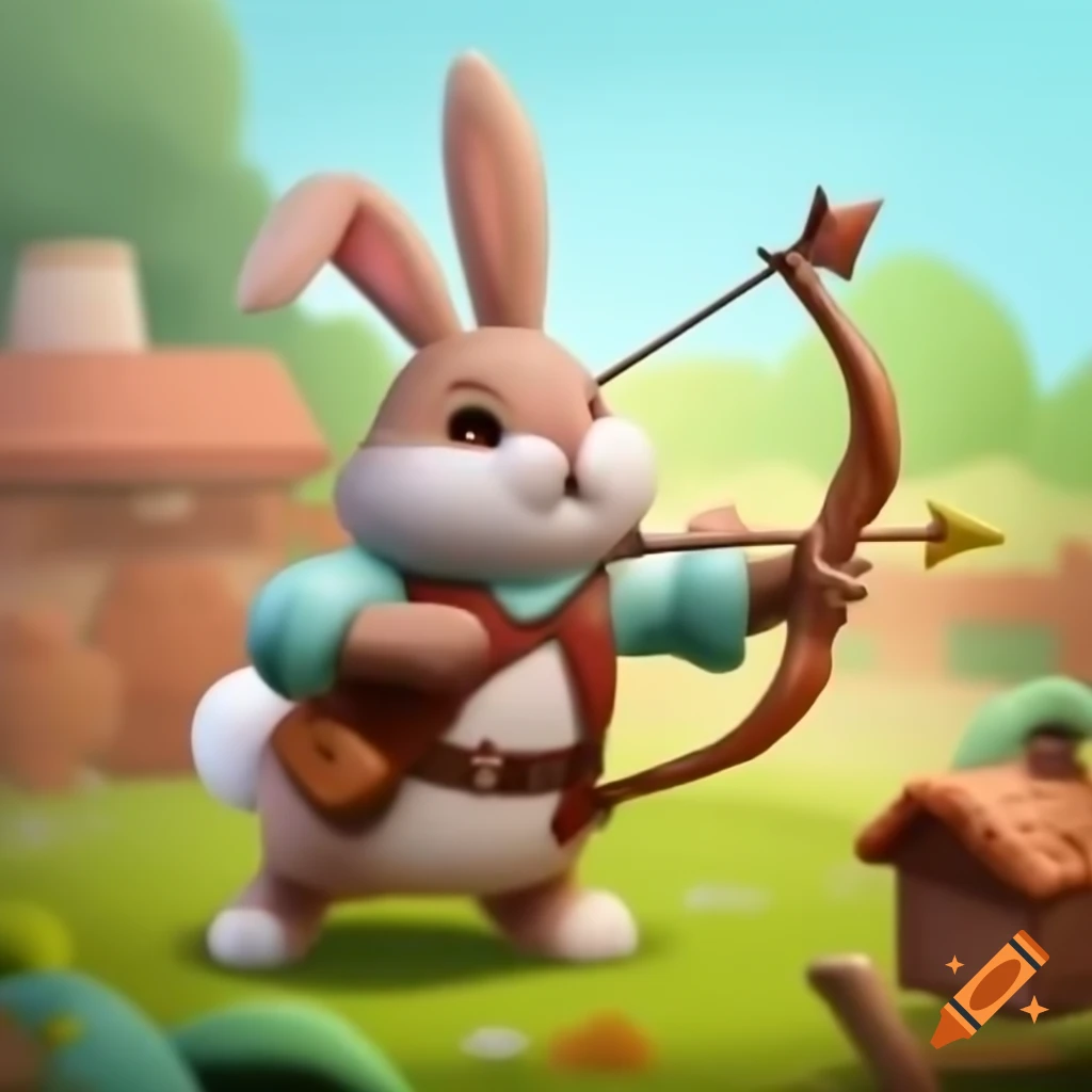 Animated cute bunny with bow and arrow aiming at farmer on Craiyon