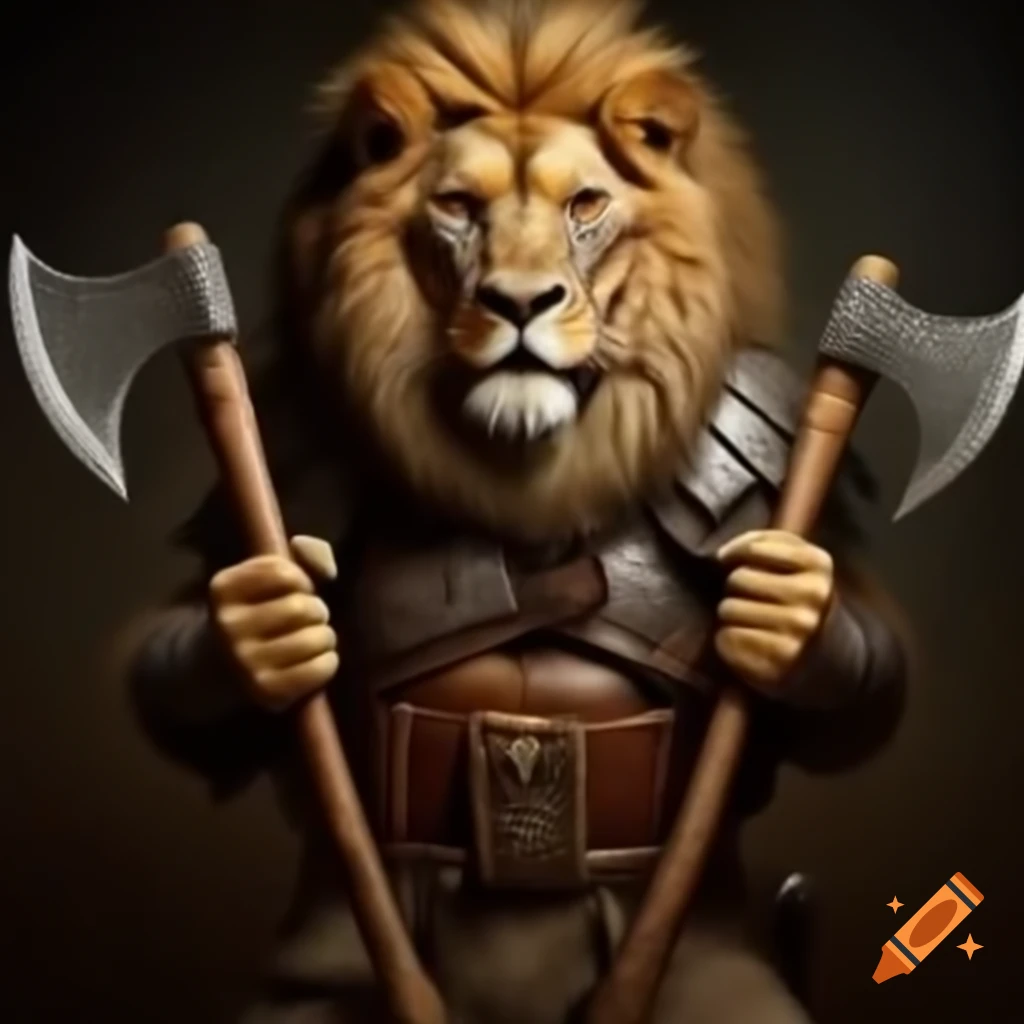 Lion warrior gripping two axes in a fierce stance on Craiyon