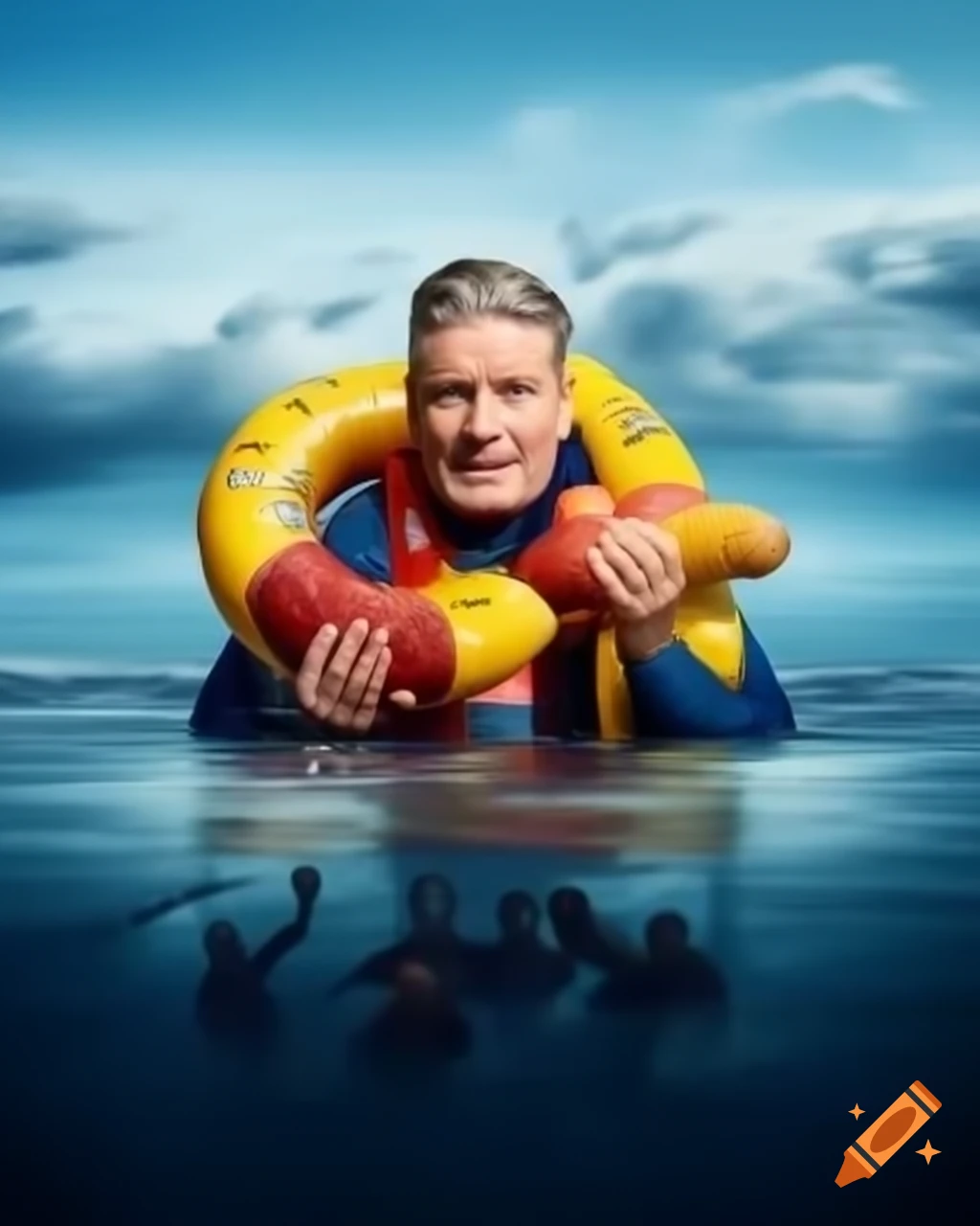 Hyperrealistic portrayal of Keir Starmer in life jacket riding ...