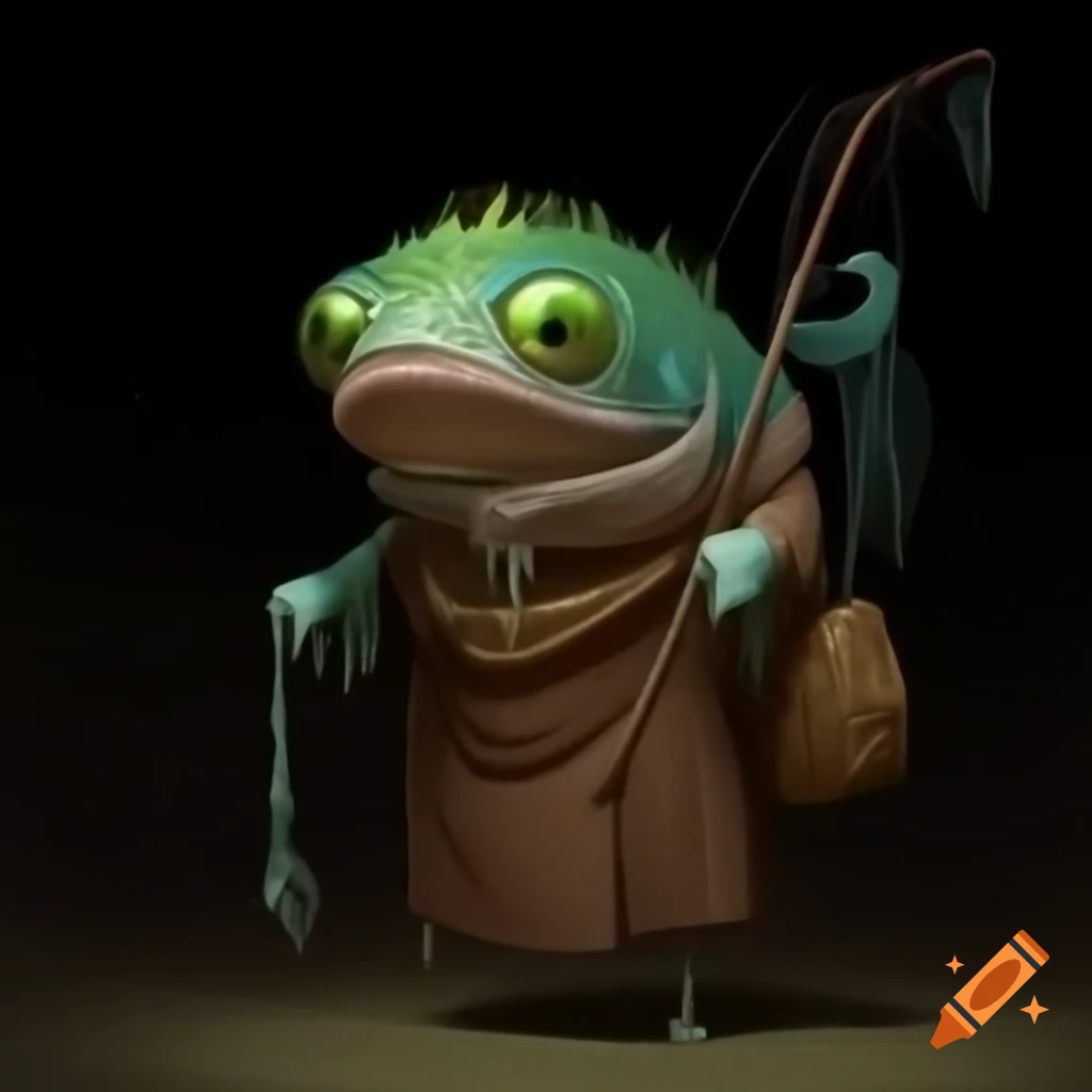 Humanoid fish with green and purple scales in brown robes, gazing ...