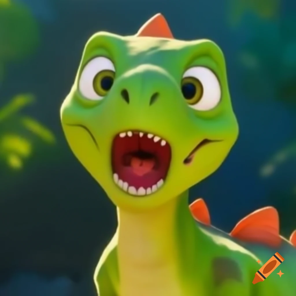 Illustration of shocked green dinosaur for storybook on Craiyon