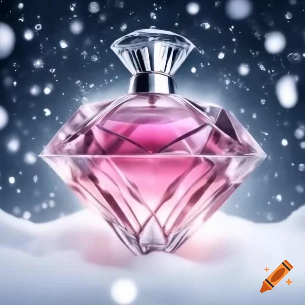 Diamond-shaped crystal perfume bottle filled with pink liquid on snow ...