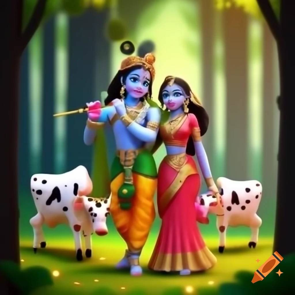 Lord Radha Krishna walking in forest with cows, HD quality 3D effect on ...