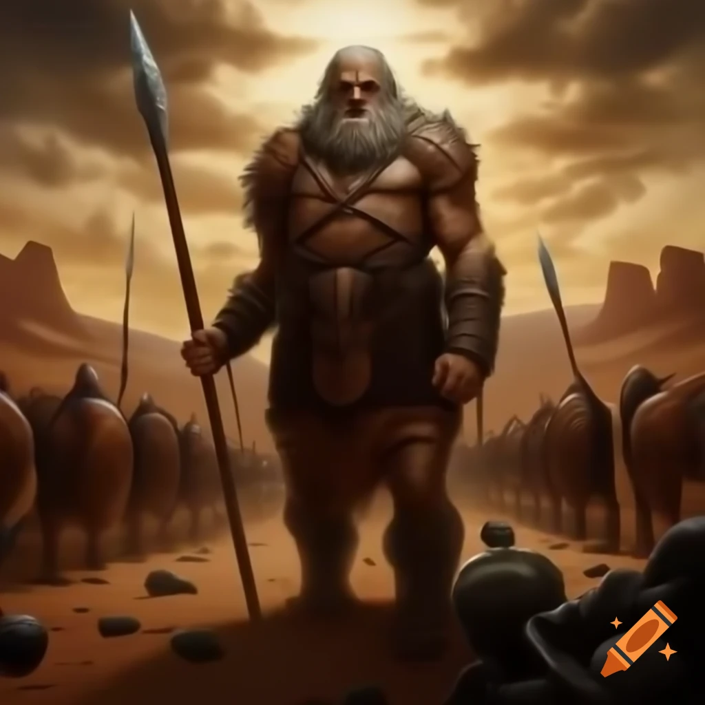 Colossal giant in ancient desert towering over soldiers, dressed in ...