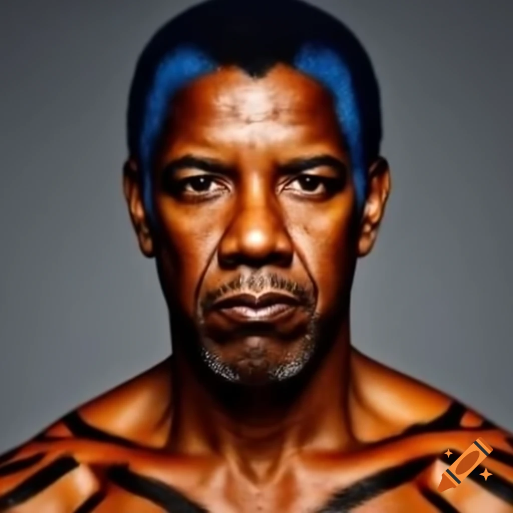 Muscular character with tiger-style makeup featuring blue hair and ...