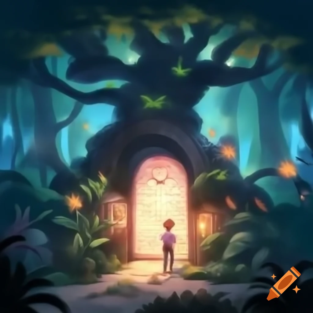 Magical jungle with glowing banyan tree gate and illuminated plants on ...