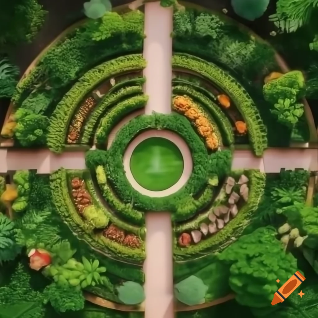 Detailed garden layout with circular design and concentric planting ...