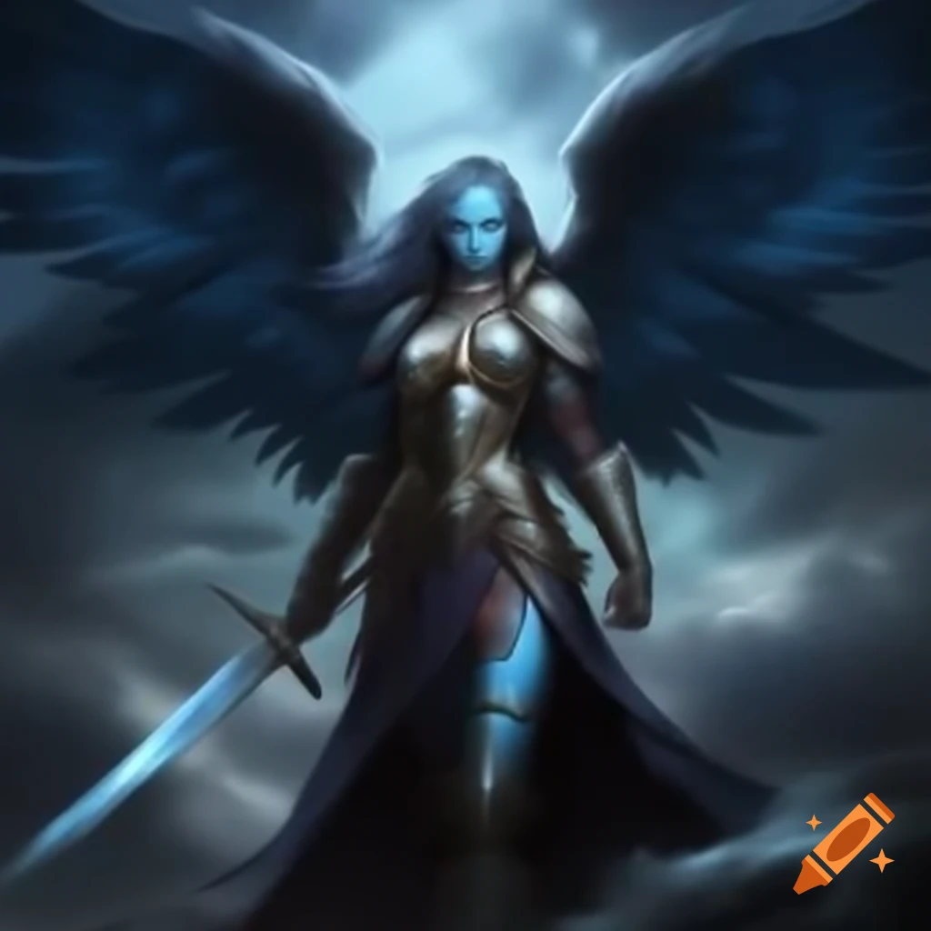 Celestial-winged female warrior with azure skin and Greatsword against ...