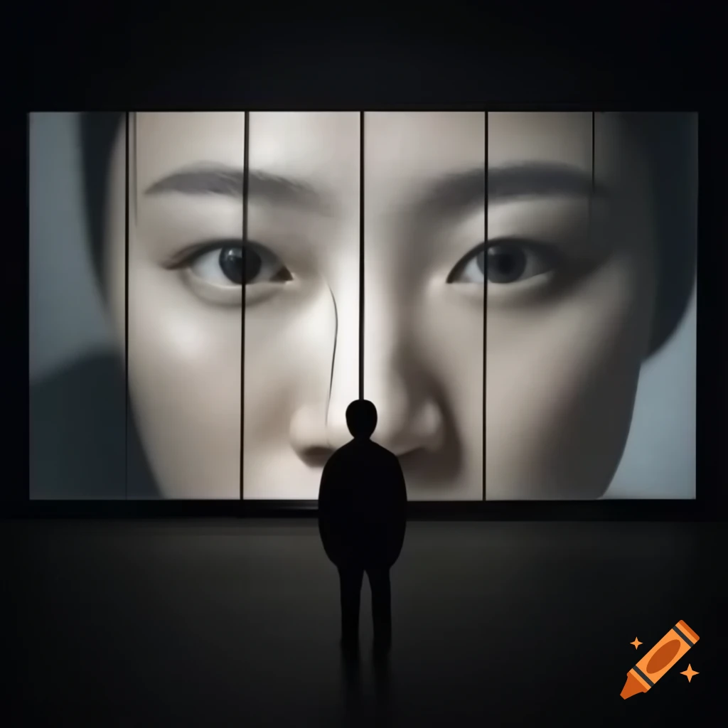 Small man gazing at giant screen displaying an oversized head of an ...