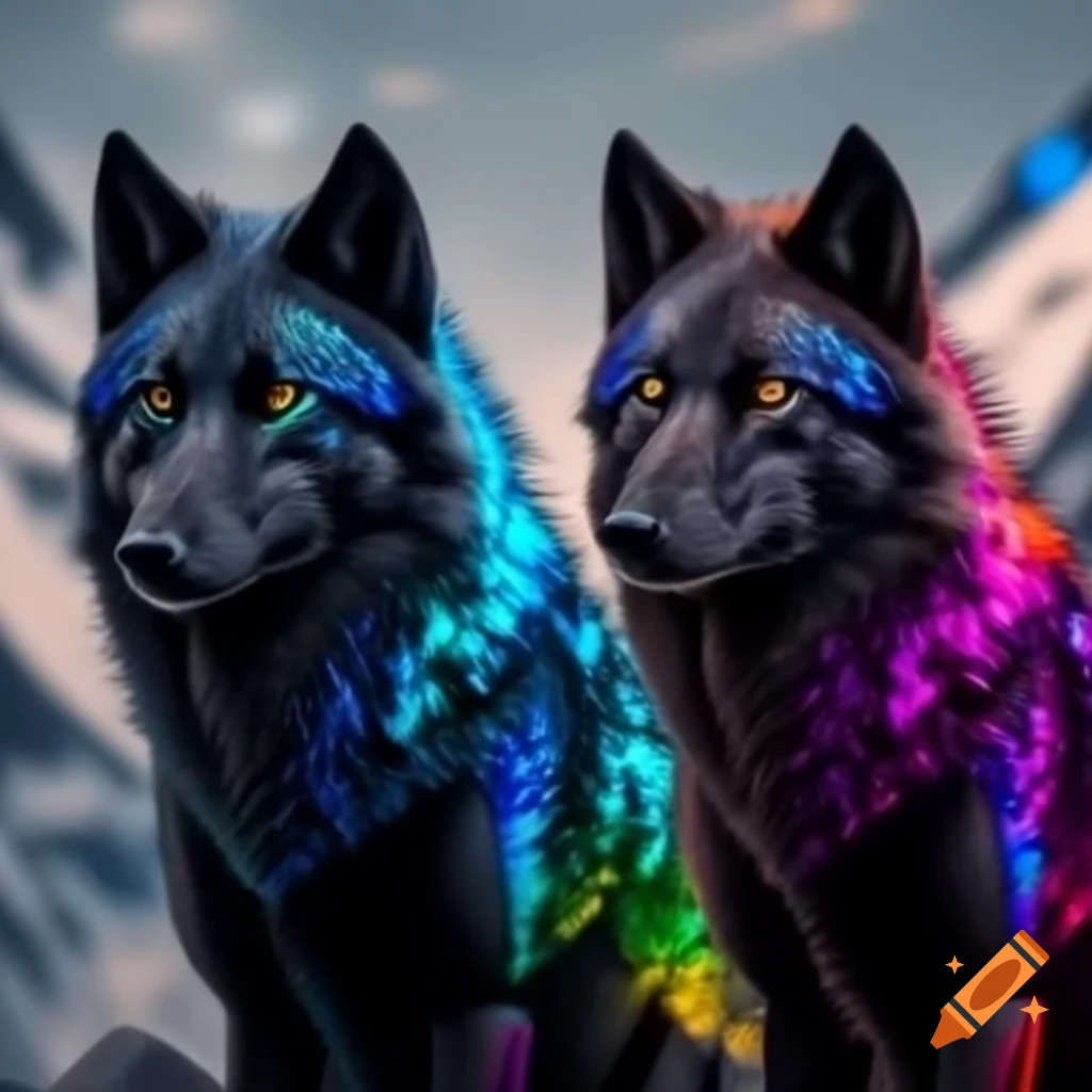 Vibrant color portrayal of glittery black wolves on Craiyon