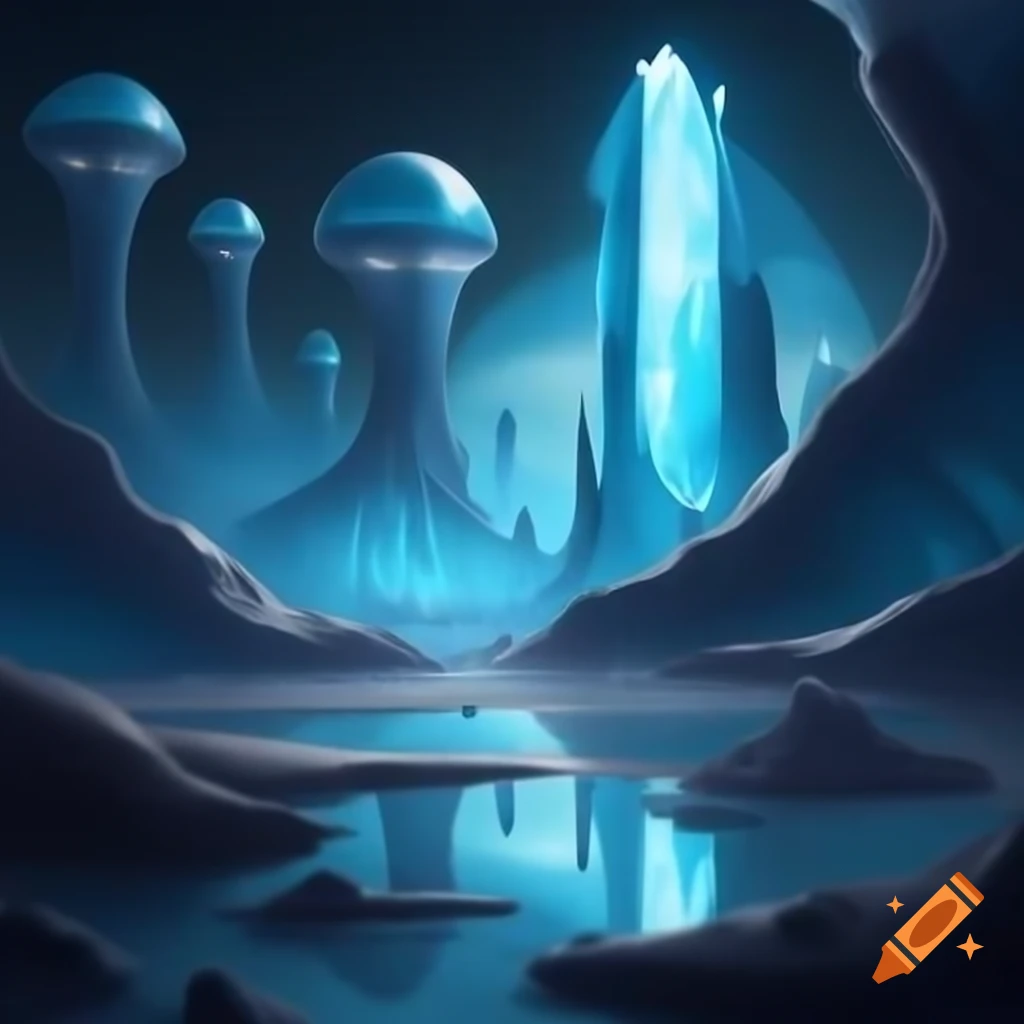 Surreal alien landscape with blue crystal structures and undulating ...