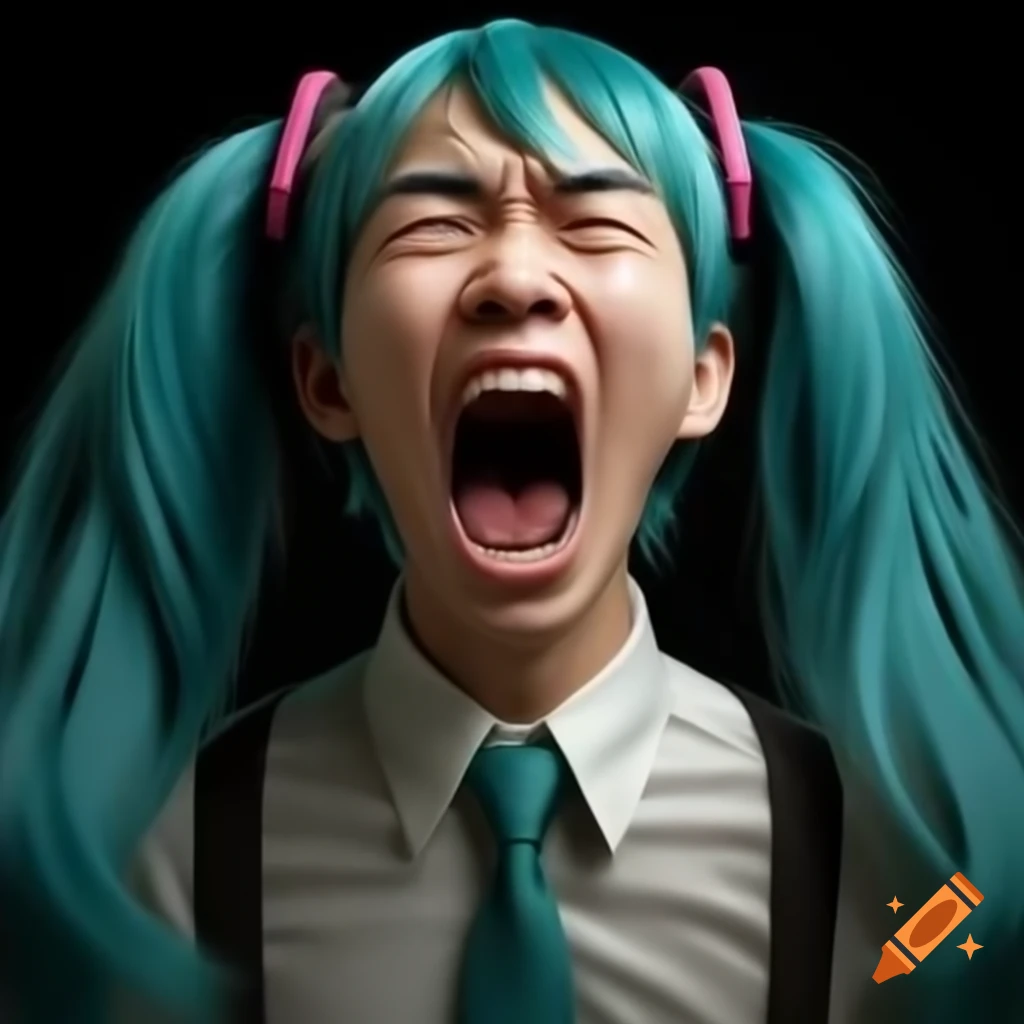 Asian man resembling Hatsune Miku in a dress, expressing anger in ...