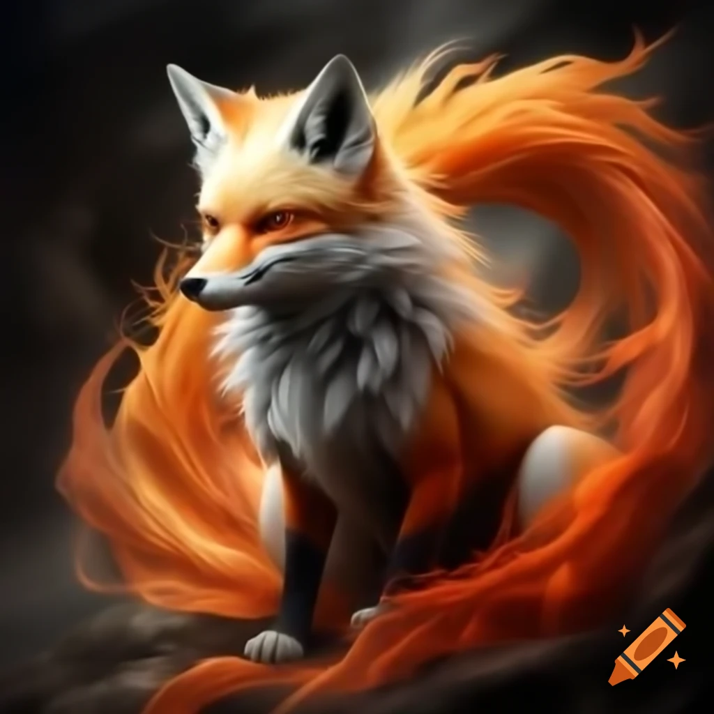 Majestic kitsune Kurama with nine tails swirling in the wind on Craiyon