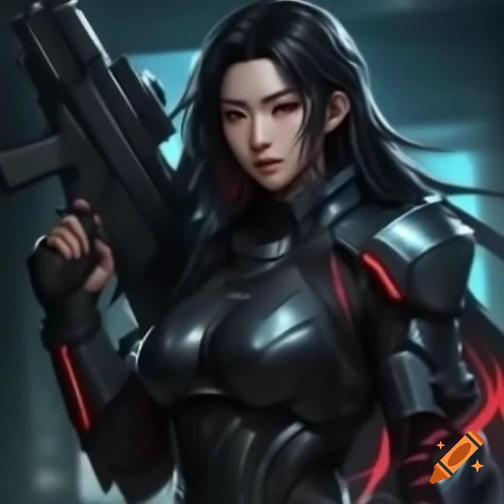 Futuristic Korean warrior in neon-red armor with dual submachine guns ...