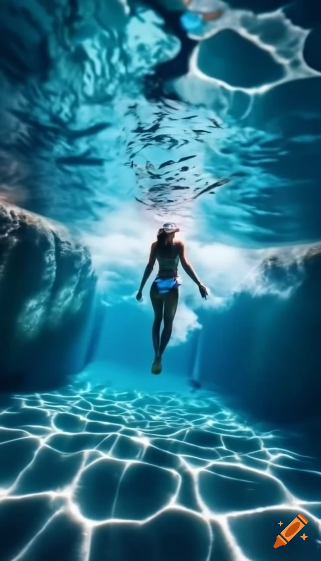 Waterbending woman creating water tunnel at swimming pool on Craiyon