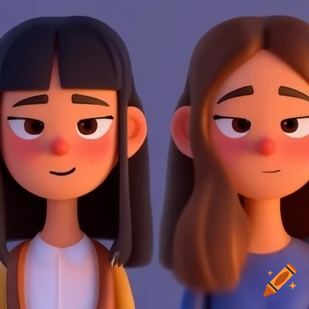 Cartoon characters of girlfriends with brunette and dark brown hair on Craiyon