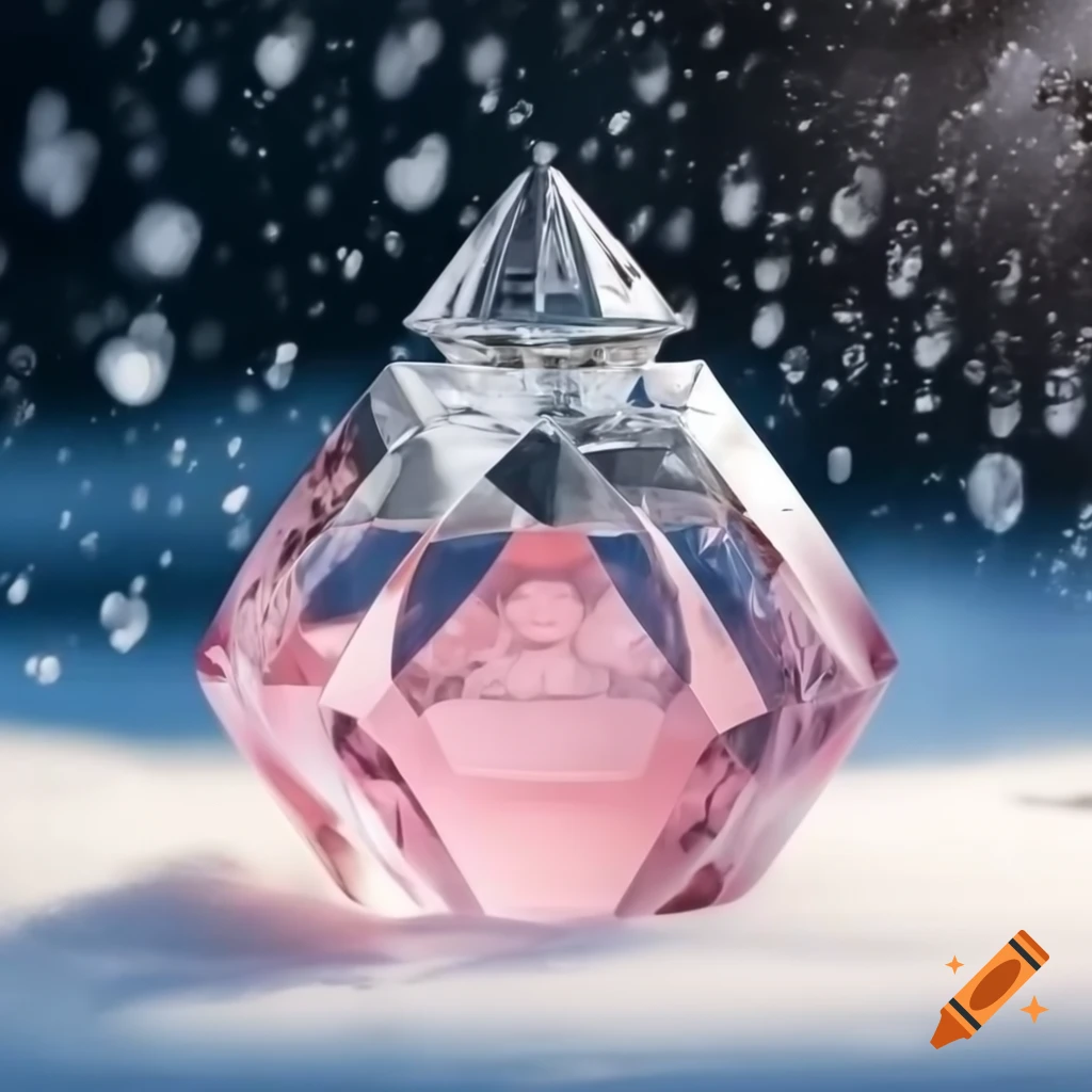 Diamond-shaped crystal perfume bottle with pink liquid in snow ...